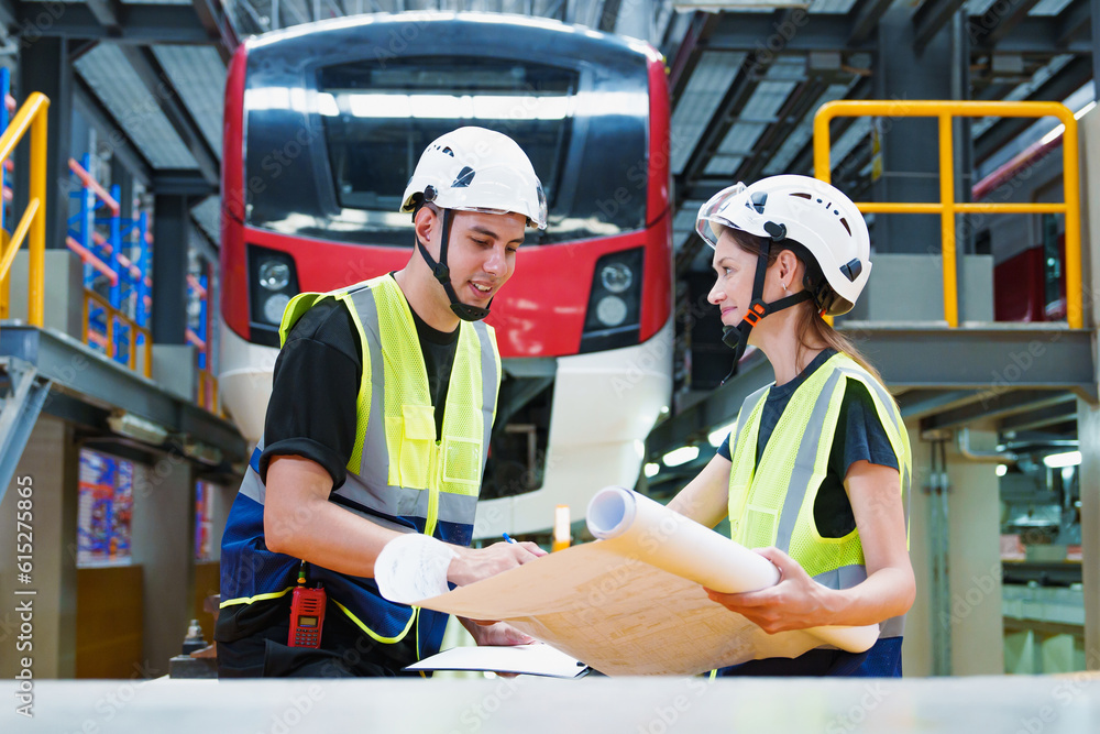 Railway technician engineer worker looking for electric train blueprint ...