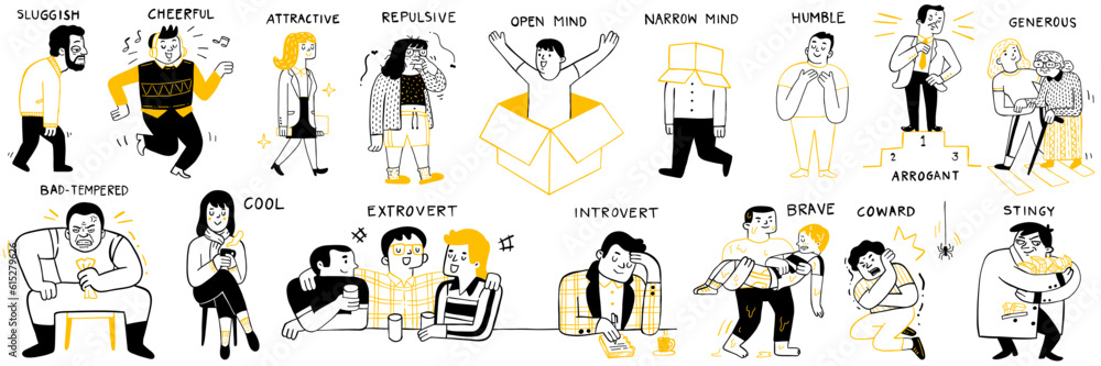 Various personality traits, cute character illustration doodle style ...
