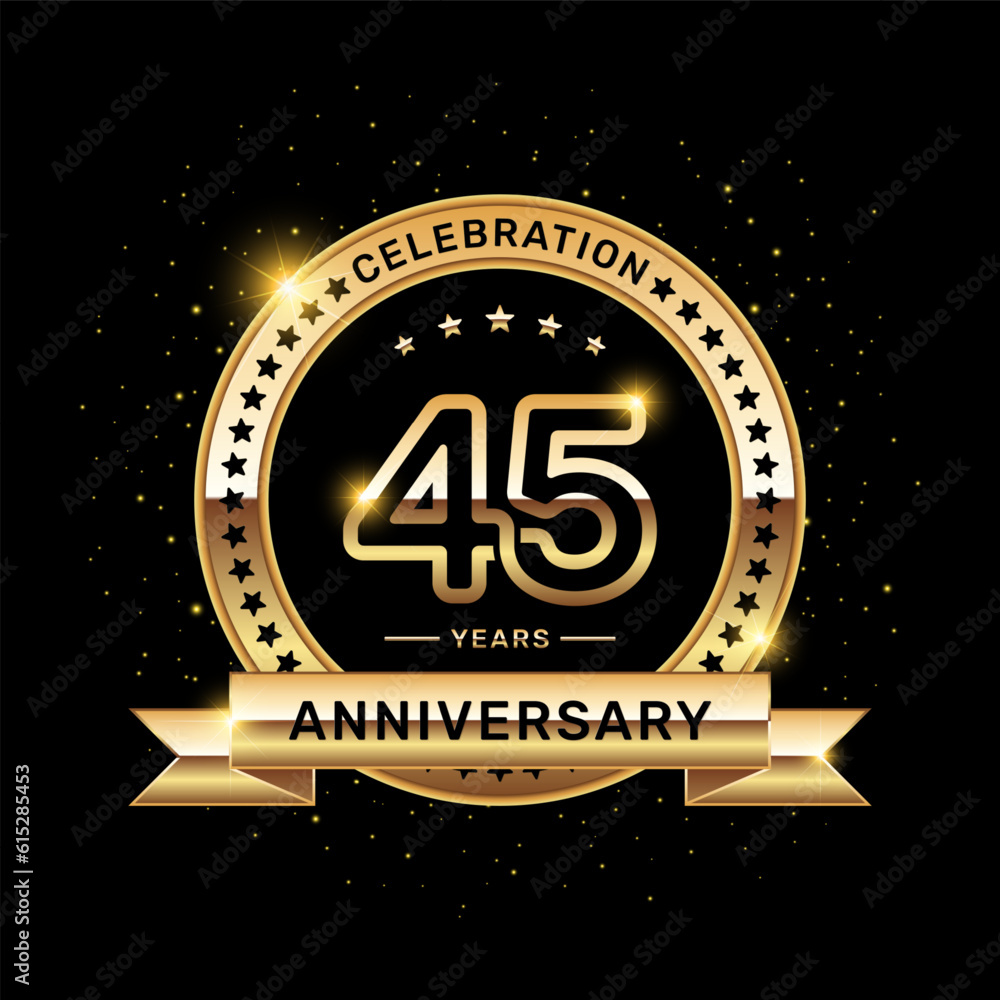 45 year anniversary logo with a number and golden ribbon, vector ...