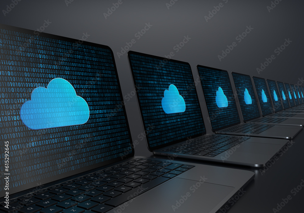 Laptop devices lined up diagonally with digital cloud storage icon on ...