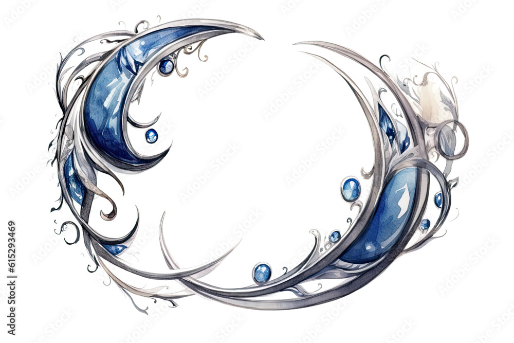 sapphire and silver swashes, watercolor paint abstract border frame for ...