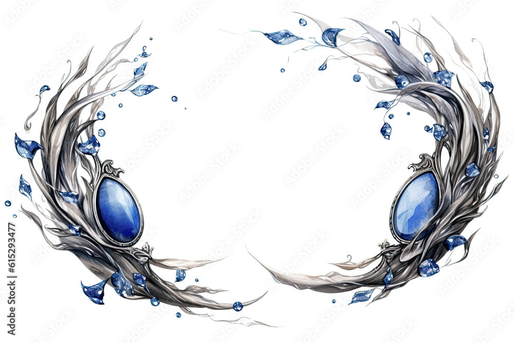 sapphire and silver swashes, watercolor paint abstract border frame for ...