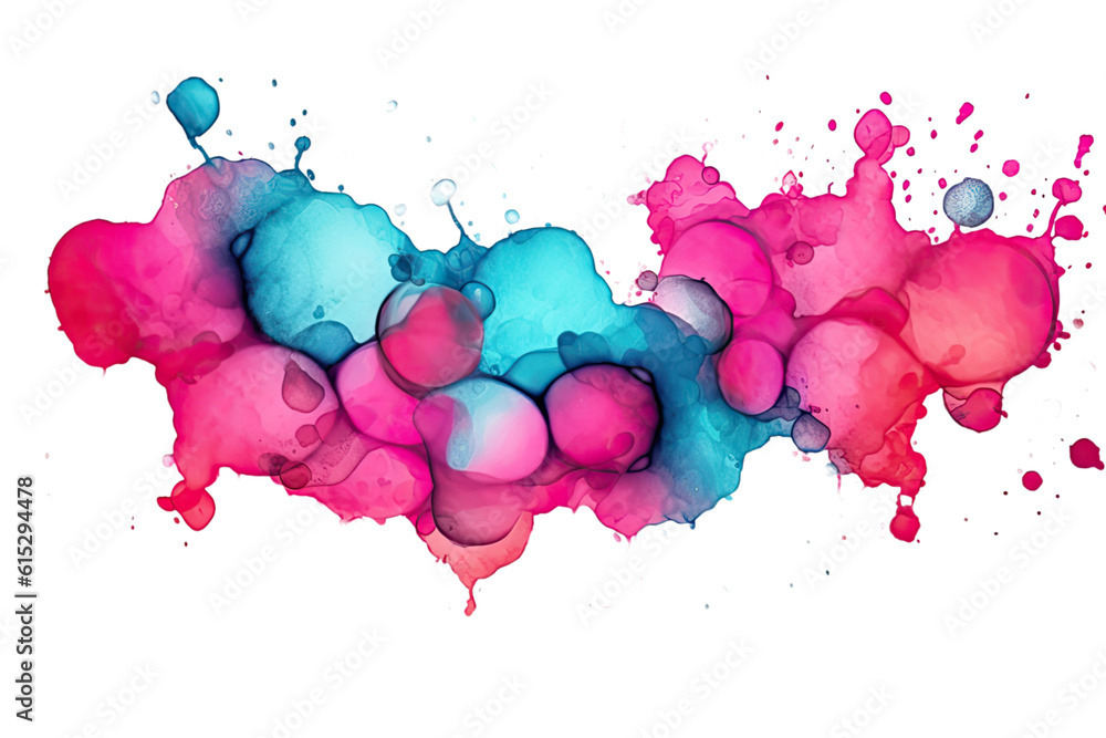 magenta and turquoise bubbles, watercolor paint abstract border frame ...