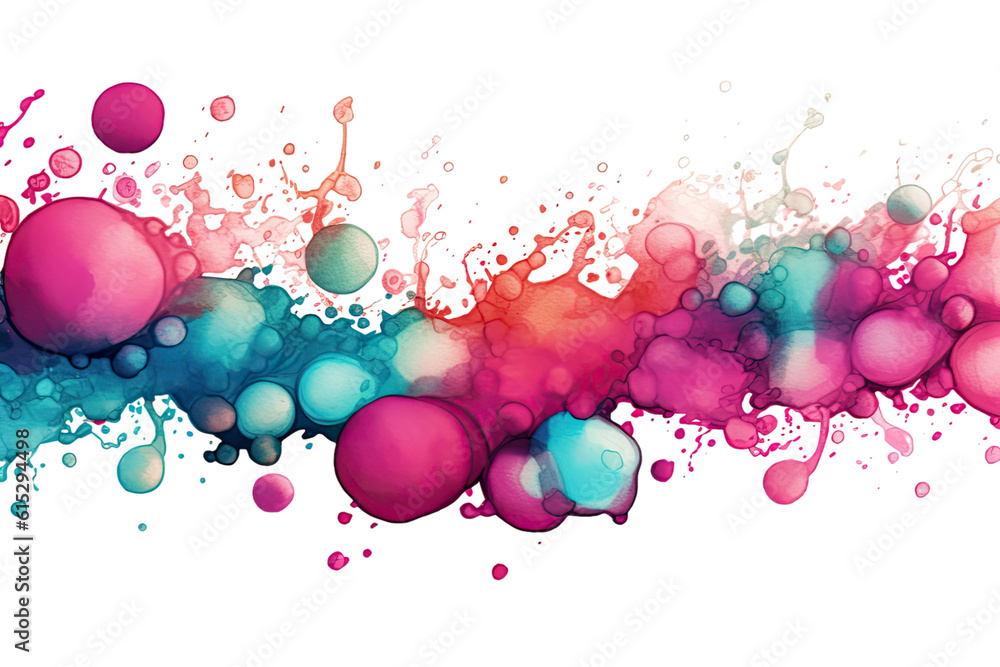 magenta and turquoise bubbles, watercolor paint abstract border frame ...