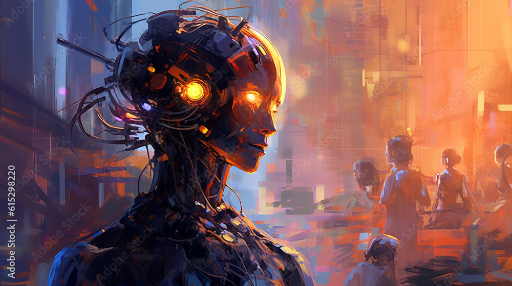 robot head on futuristic background. brainstorming concept image in ...