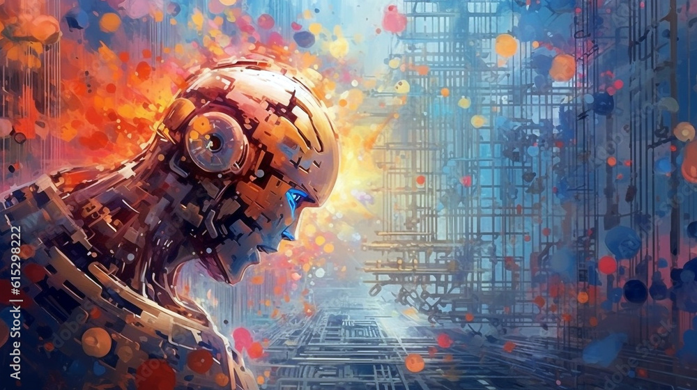 robot head on futuristic background. brainstorming concept image in ...
