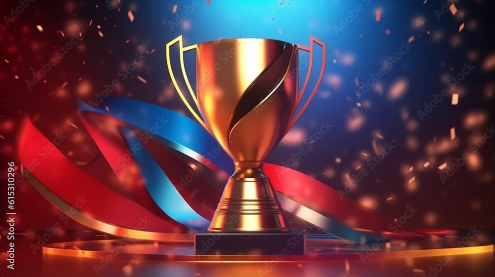 golden trophy on blurry red background with abstract shiny lights Stock ...