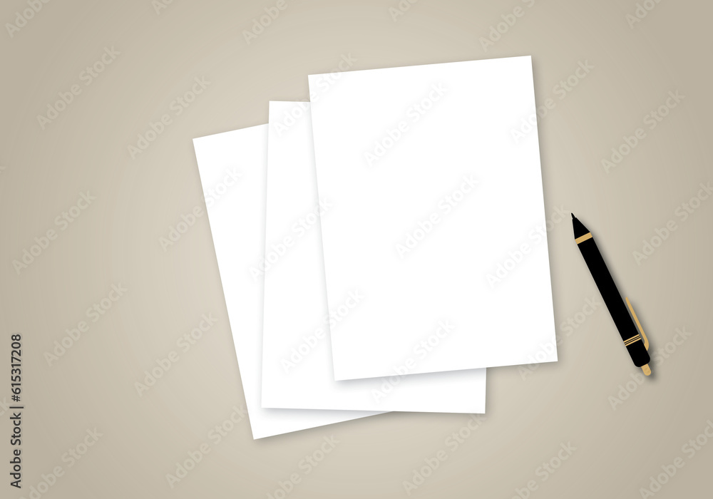 Documents mockup with pen, White blank sheets of paper on pastel brown ...