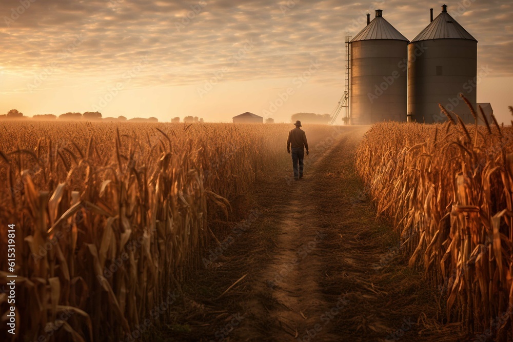 Farmer walking through corn field at dawn, grain silo in the distance ...