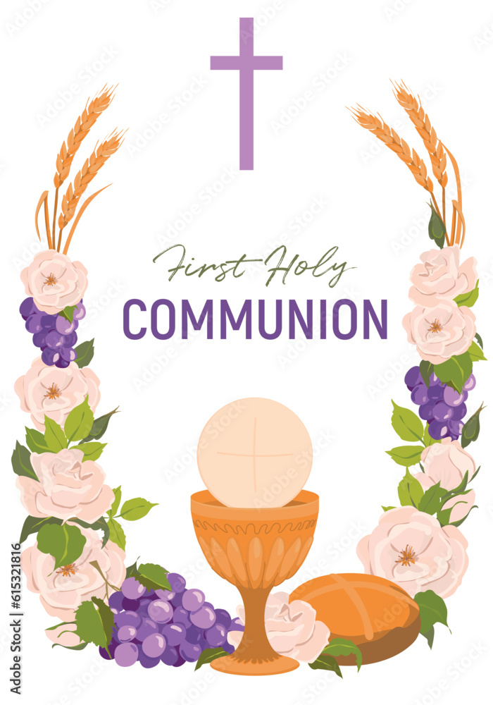 Symbols of the first communion. Vector. Golden bowl for wine, crucifix ...