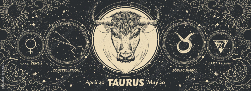 Taurus zodiac sign, vintage astrology graphic banner on mystical starry ...