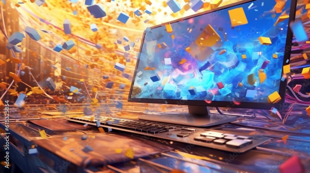 colored blocks flying out of a computer monitor, abstract futuristic ...