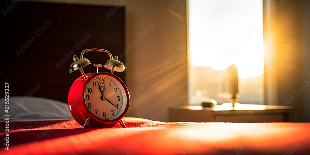 Captivating sunrise illuminating a red alarm clock on nightstand ...