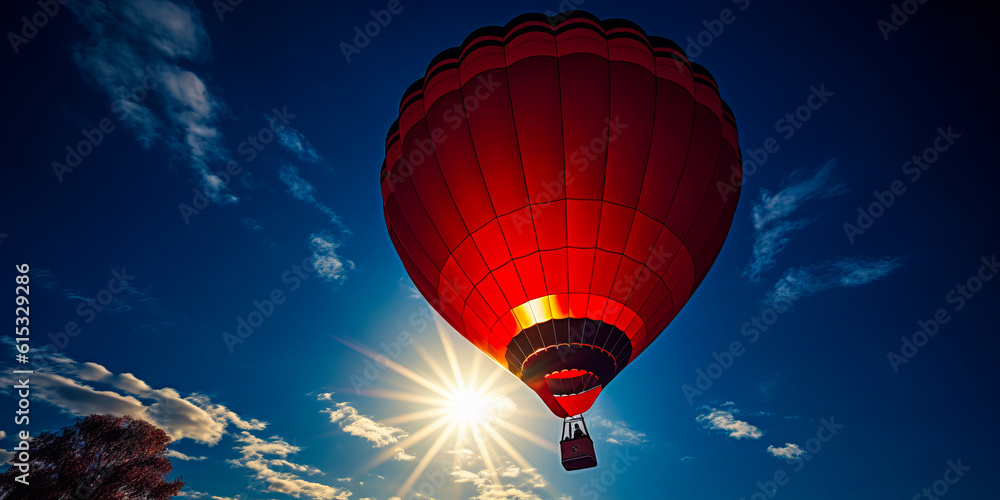 Captivating red hot air balloon ascending into bright blue sky, evoking ...