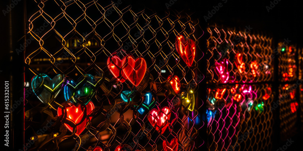 Captivating heart-shaped chain link fence close-up with vibrant lights ...
