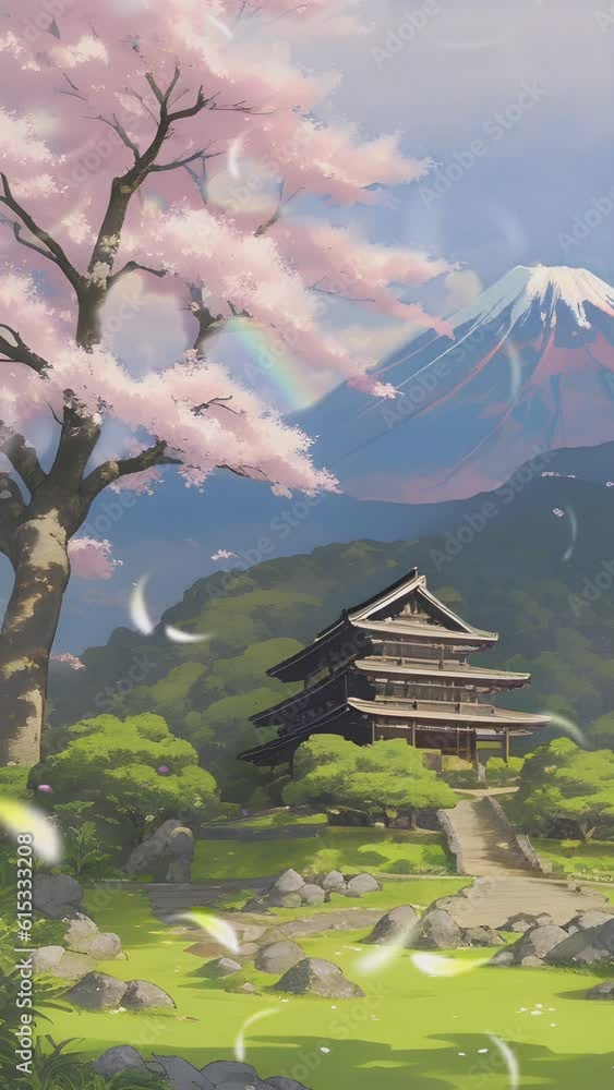 Cherry blossom and traditional house in Japanese anime watercolor ...