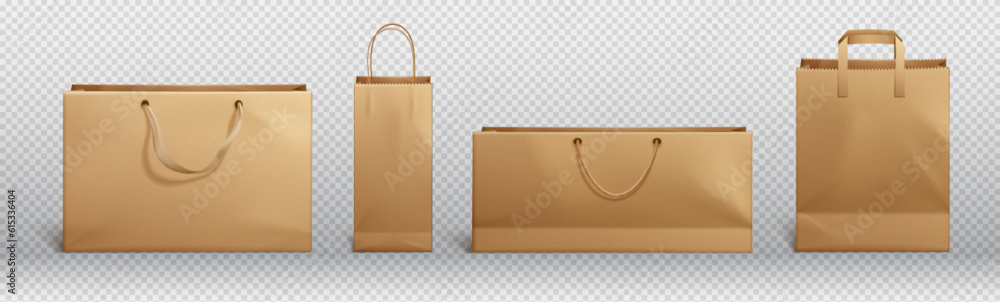 Craft brown paper bag and handle vector mockup. Shopping package mock ...