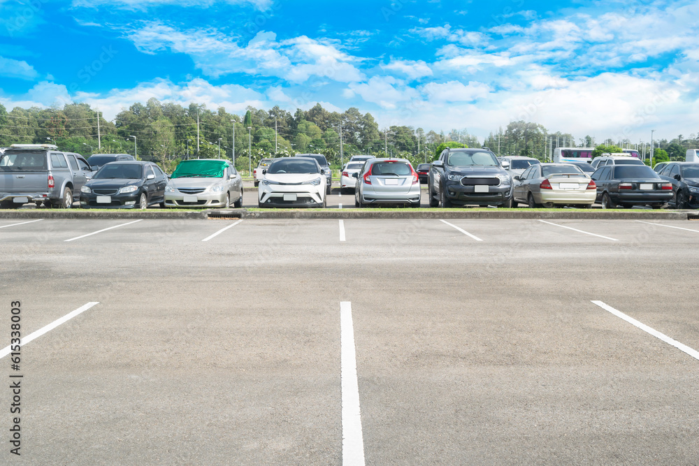 Wide empty asphalt parking lot background. with many cars parked background. outdoor empty space ...