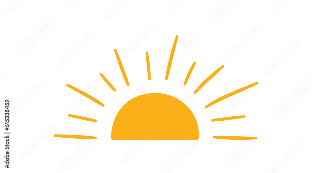Yellow half sun icon in doodle style. Hand drawn sunset simple graphic symbol. Summer heat icon ...