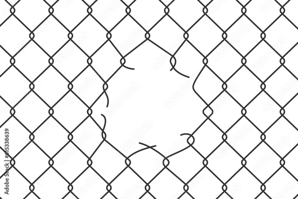 Broken wire mesh fence. Rabitz or chain link fence with cut hole. Torn ...
