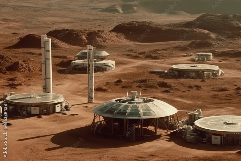 Futuristic alien base built on the captivating terrain of planet Mars ...