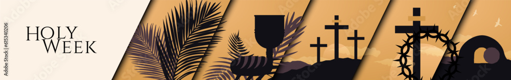 Holy Week Theme Horizontal Header. Palms, chalice and bread, three ...
