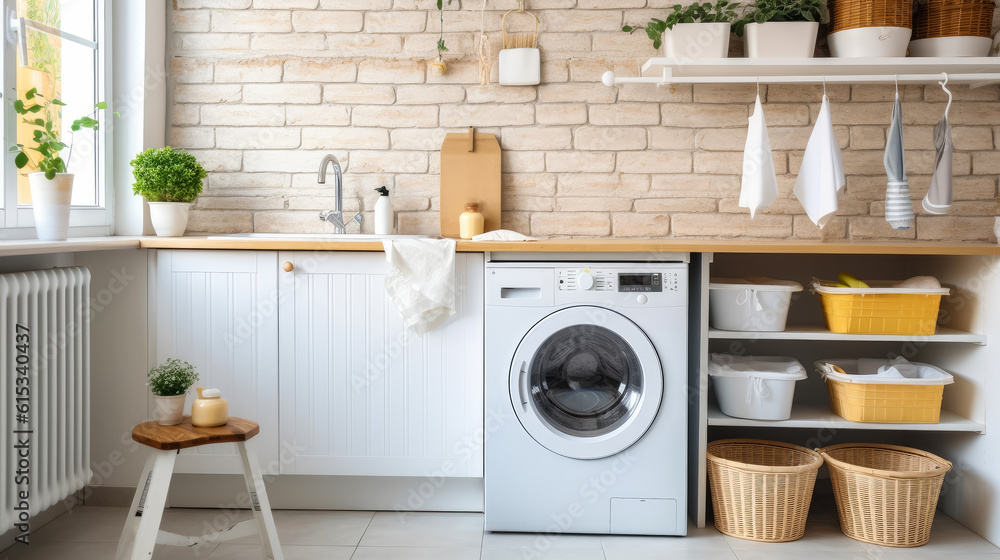 Interior clean white laundry room with front load washer and dryer ...