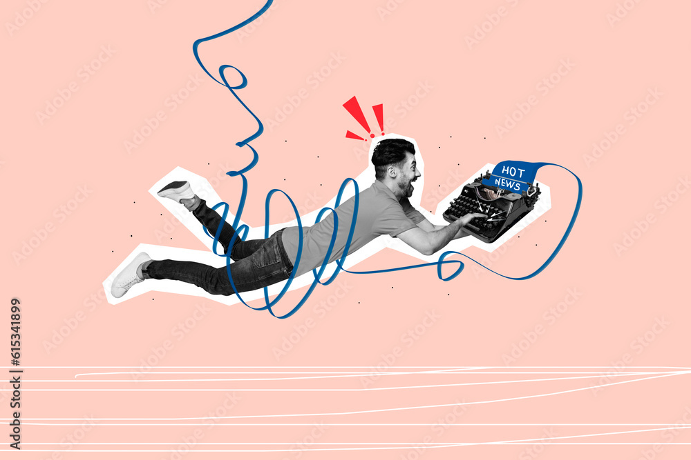 Picture image sketch collage poster of positive happy guy typing ...