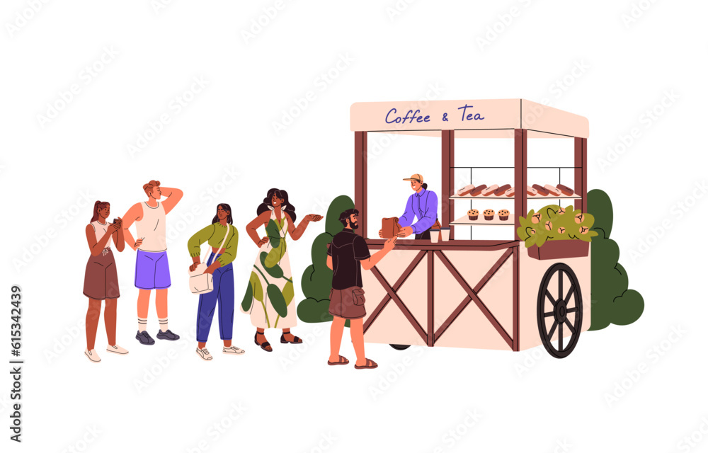 People waiting in queue at food cart. Men, women buying tea and coffee ...