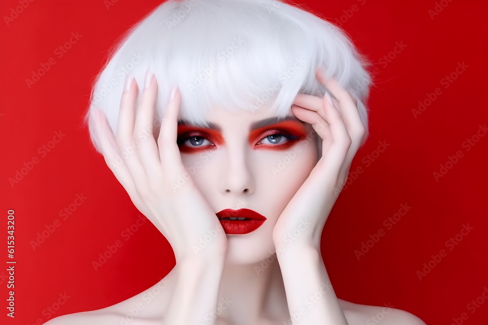 Beautiful woman with red lips and red makeup. Fashion model. White red ...