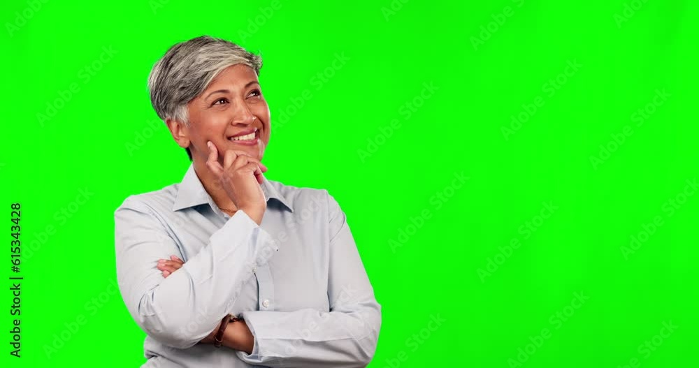 Green screen, thinking and senior woman with ideas, opportunity and ...