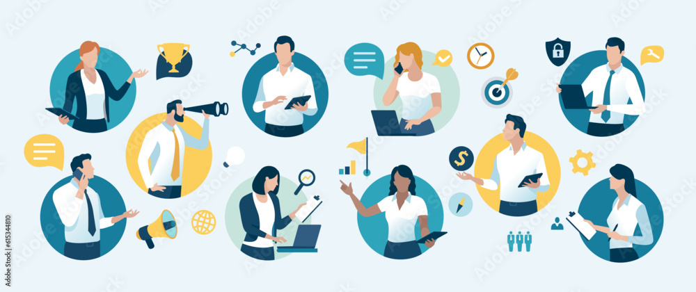 Teamwork. Employees on circles, business icons. Team cooperation ...