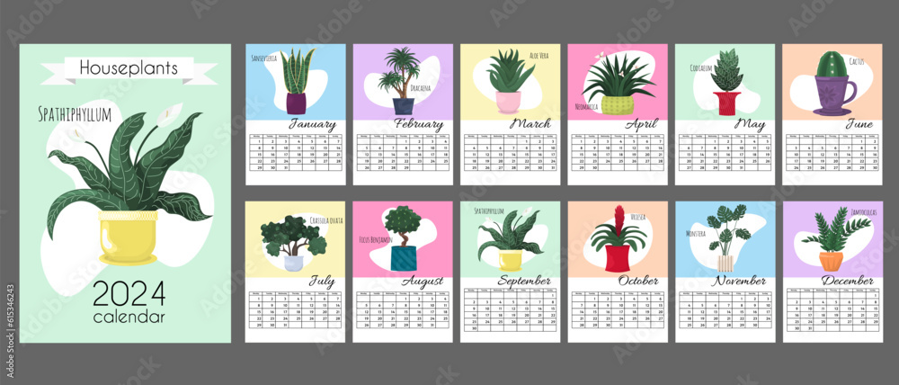Colorful calendar 2024 in vertical A4, A3 format. Week starts on Monday ...