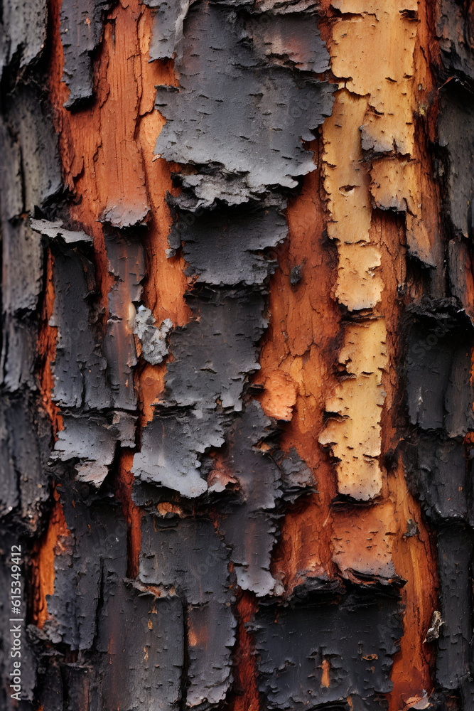 Texture of a tree bark scorched by a previous forest fire, serving as a ...