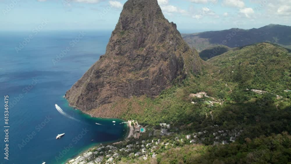 Slow reveal of Petit Piton in Saint Lucia. Amazing tropical landscape ...