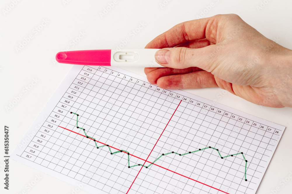 Female period ovulation temperature calendar with pregnancy test Stock ...
