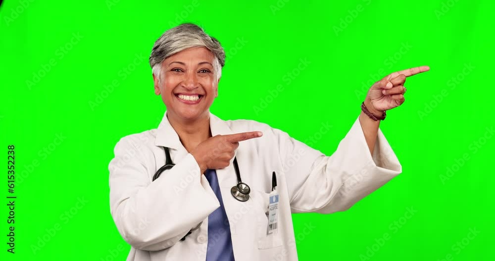 Green screen, senior woman face or happy doctor pointing at ...