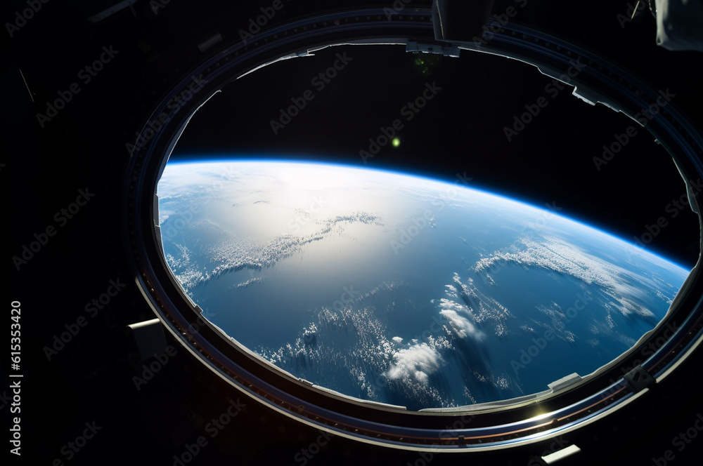 Shuttle window, surface and earth view in universe, galaxy and solar ...