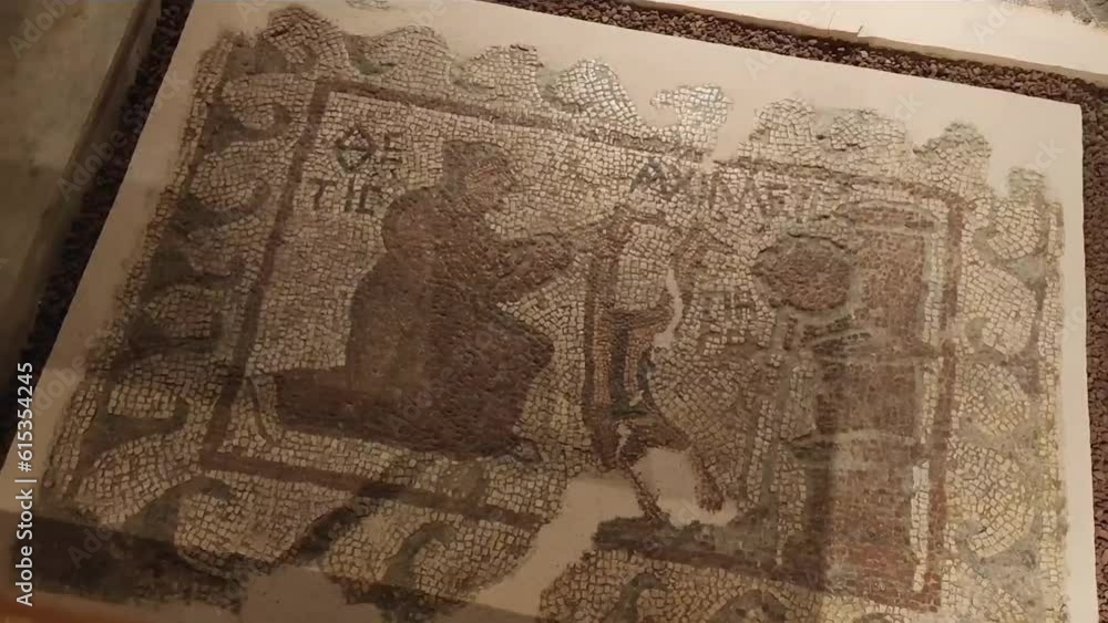 Antalya, Turkey, June 12, 2023. Ancient Roman brown floor mosaic ...