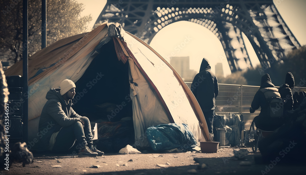 Refugee tent camp around Eiffel Tower in Paris city France, sun light ...