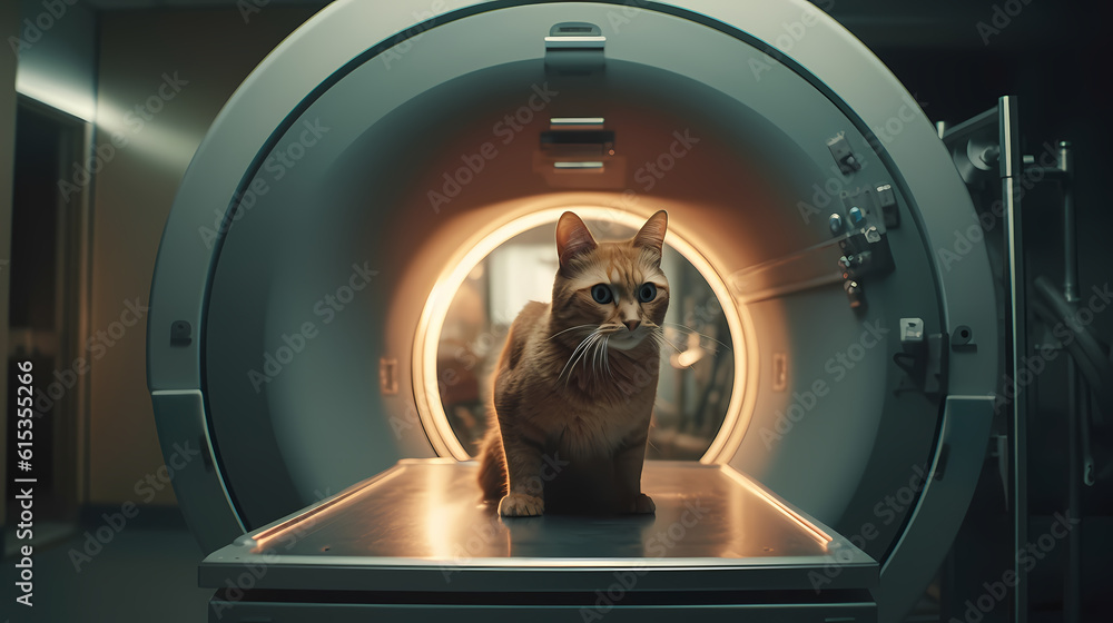 Cat lying on table before scanning in MRI equipment in veterinary ...