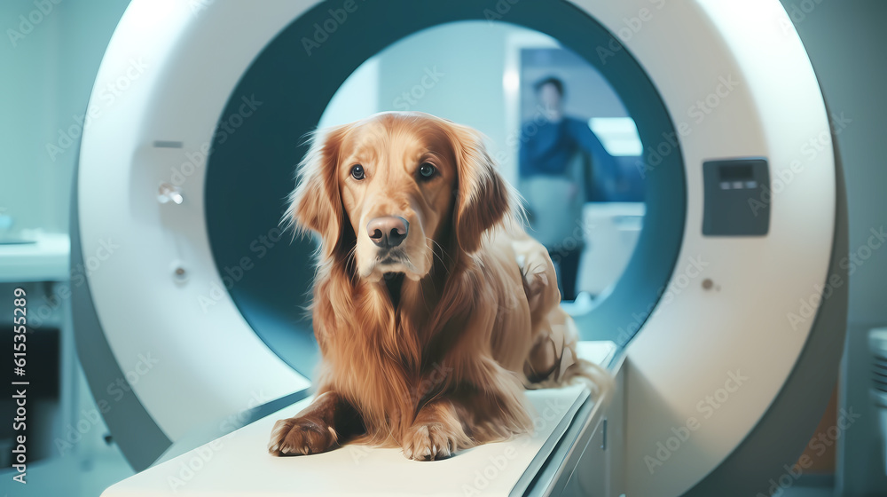 Dog lying on table before scanning in MRI equipment in veterinary ...