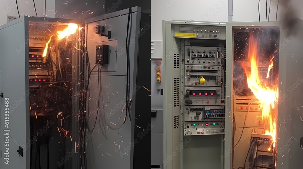 Industrial Electrical panel on fire, short circuit and junction cable ...