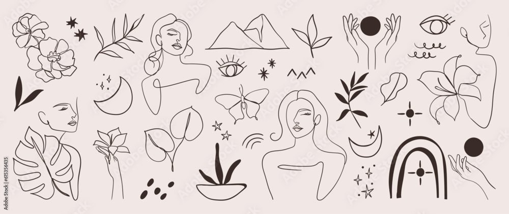 Minimal Hand Drawn Line Art Vector Set Aesthetic Line Art Design With