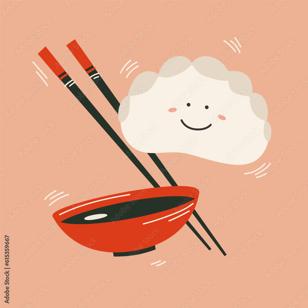 Cute smiling Asian dumpling with soy sauce and chopsticks. White dim ...