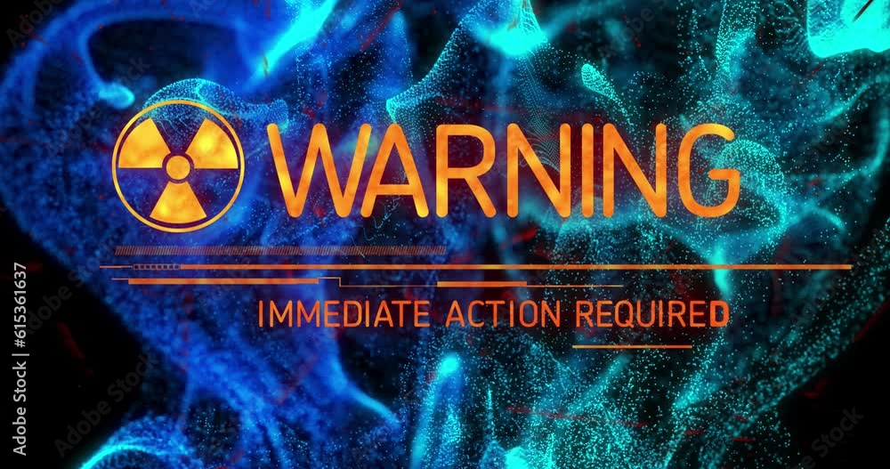 Animation of radioactive symbol and warning text banner over digital ...