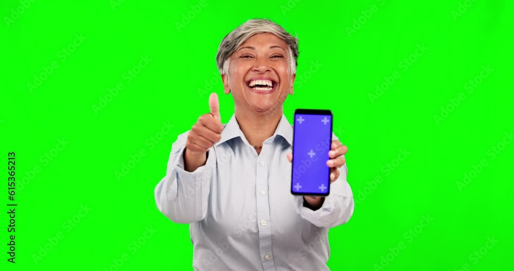 Phone, thumbs up and woman on green screen with presentation ...