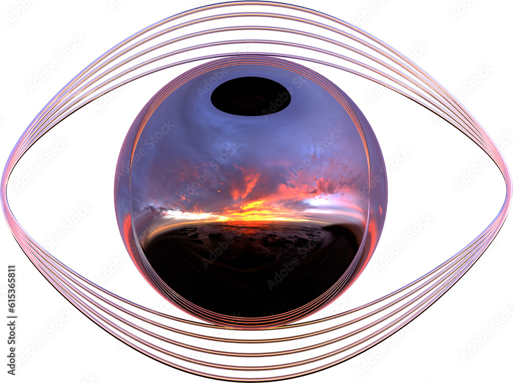3D abstract metal chrome eye in a surreal style with a transparent ...
