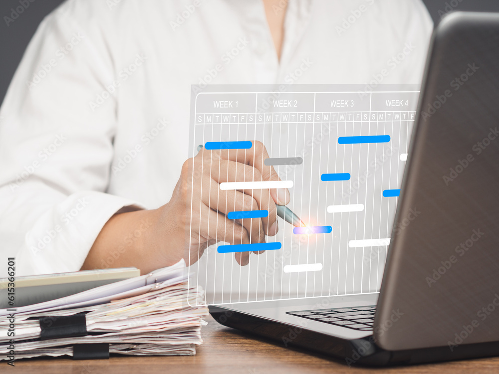 Project manager working on a laptop and updating tasks and milestones ...