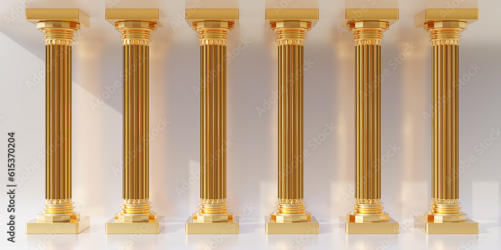 Six golden pillar in row isolated on empty white background. Ancient ...